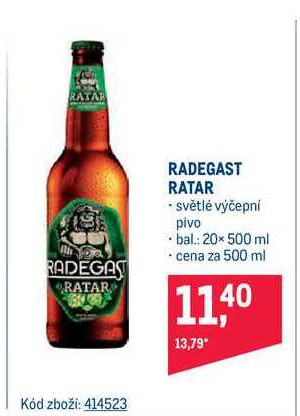 RADEGAST RATAR světlé výčepní pivo 500 ml v akci | AkcniCeny.cz