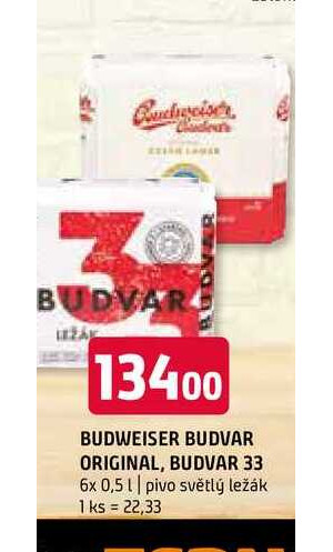 BUDWEISER BUDVAR ORIGINAL, BUDVAR 33 6x 0,5 l v akci | AkcniCeny.cz