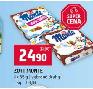 ZOTT MONTE 4x 55 g vybrané druhy v akci | AkcniCeny.cz