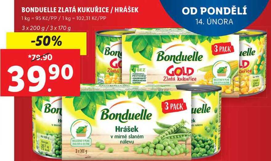 ARCHIV | BONDUELLE ZLATÁ KUKUŘICE / HRÁŠEK, 3x 200 g/3x 170 g v akci platné do: 20.2.2022 ...