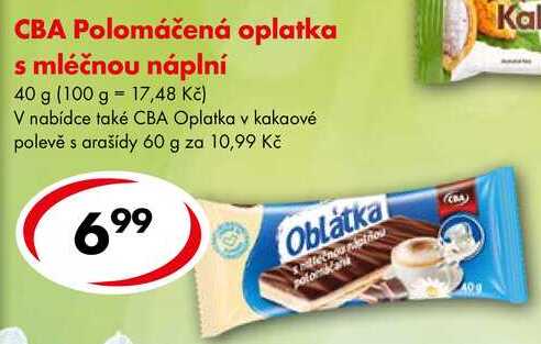 CBA Polomáčená oplatka s mléčnou náplní, 40 g v akci | AkcniCeny.cz