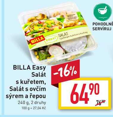 BILLA Easy Salát s kuřetem, Salát s ovčím sýrem a řepou 240 g. 2 druhy ...