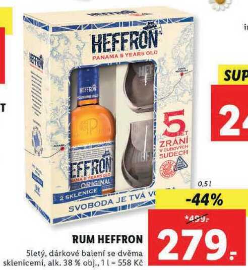 RUM HEFFRON 5letý, dárkové balení se dvěma sklenicemi, 0,5 l v akci ...