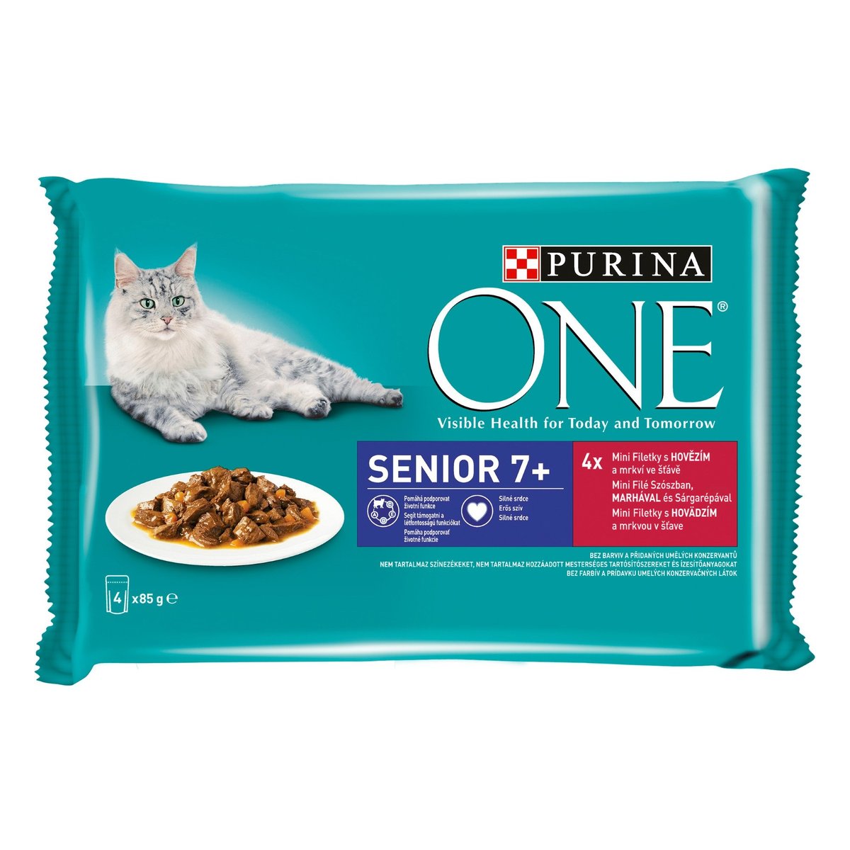 Purina ONE Senior 7+ minifiletky s hovězím a mrkví ve šťávě v akci ...