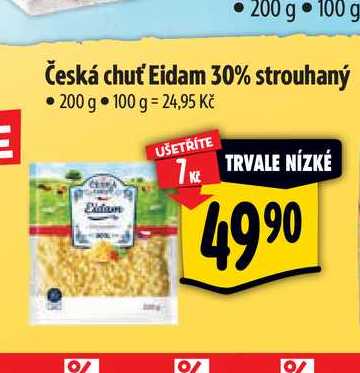 Česká chuť Eidam 30% strouhaný, 200 g v akci | AkcniCeny.cz